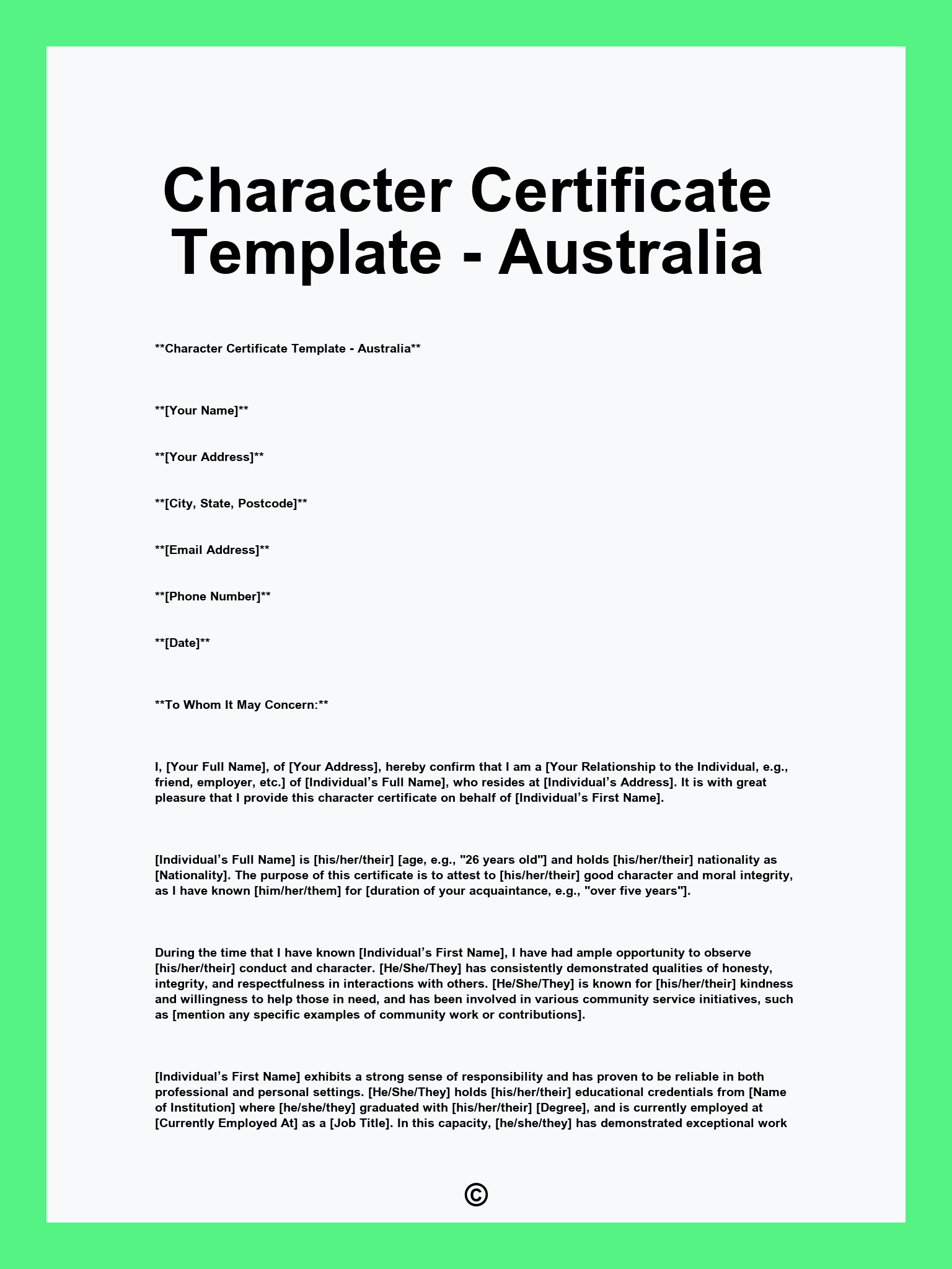 Character Certificate Template - Australia