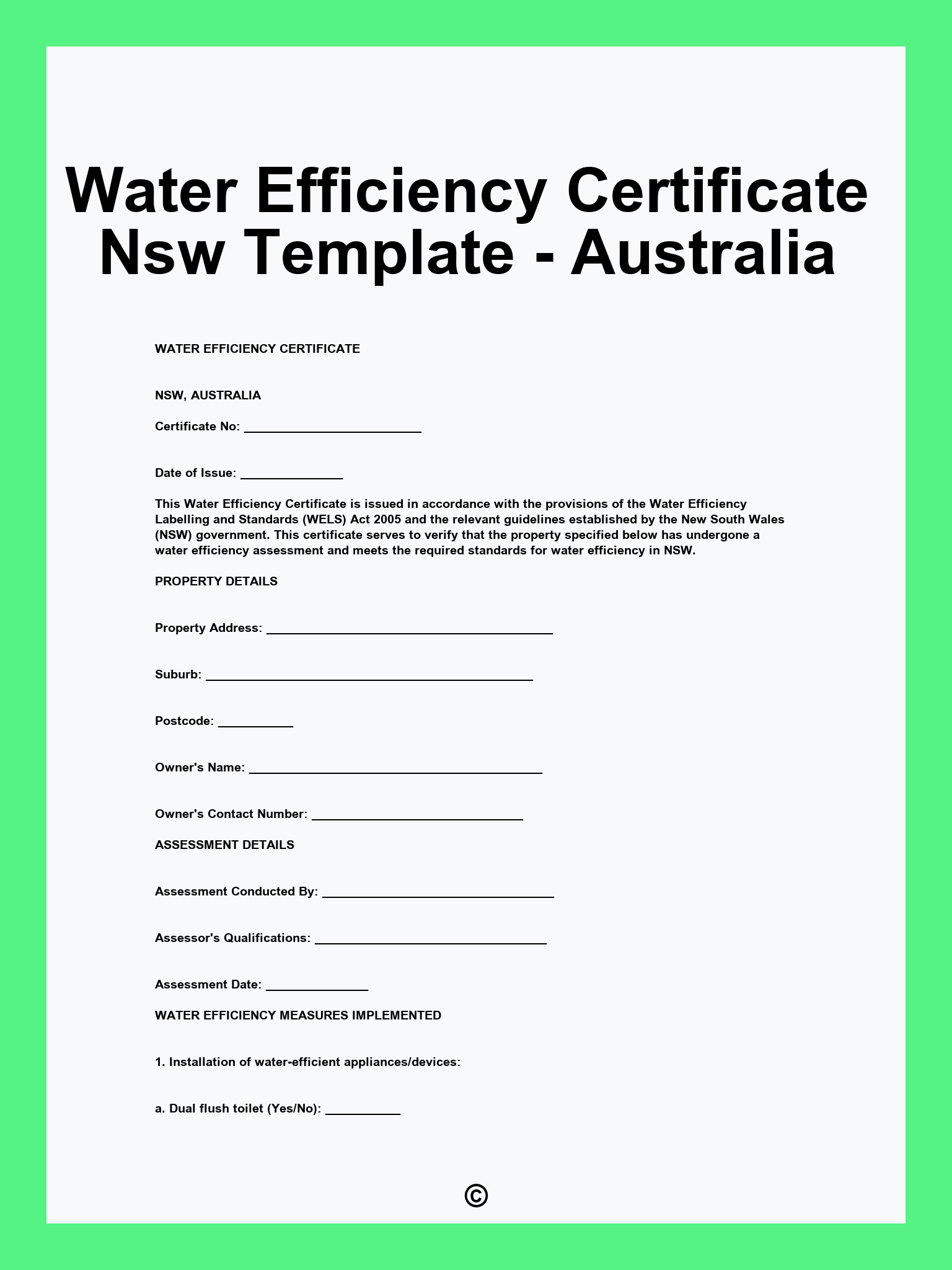 Water Efficiency Certificate Nsw Template - Australia